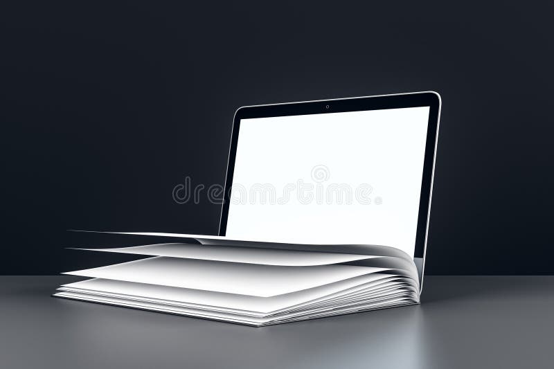 Open Book and Laptop on a Dark Background. 3D Rendering Stock ...