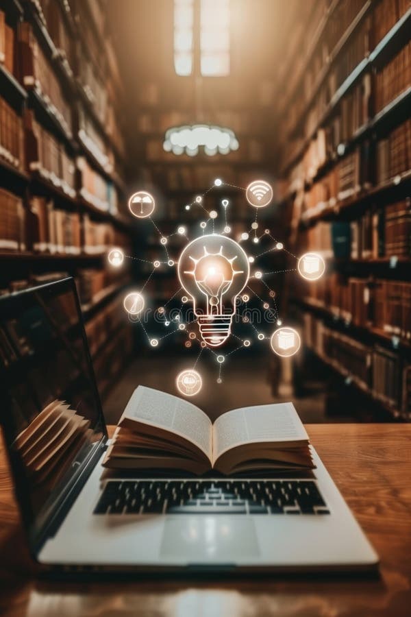 Open Book, Laptop, and Glowing Lightbulb in Library Concept of ...