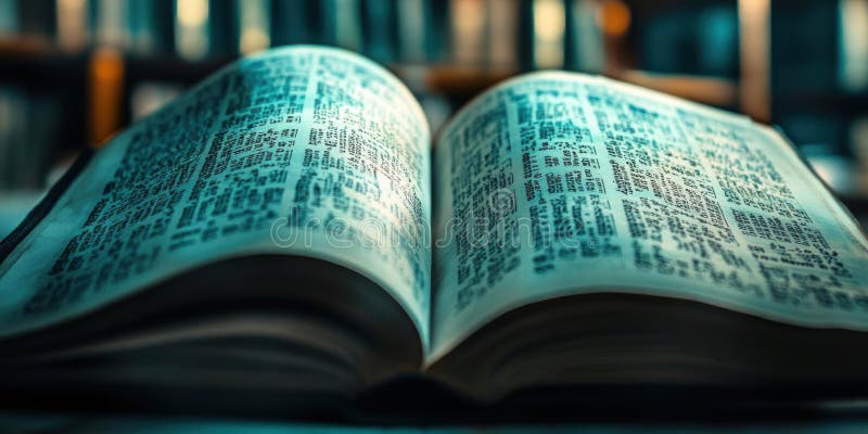 Open Book Lays Flat with Light, Focus on Words in Library Theme Stock ...