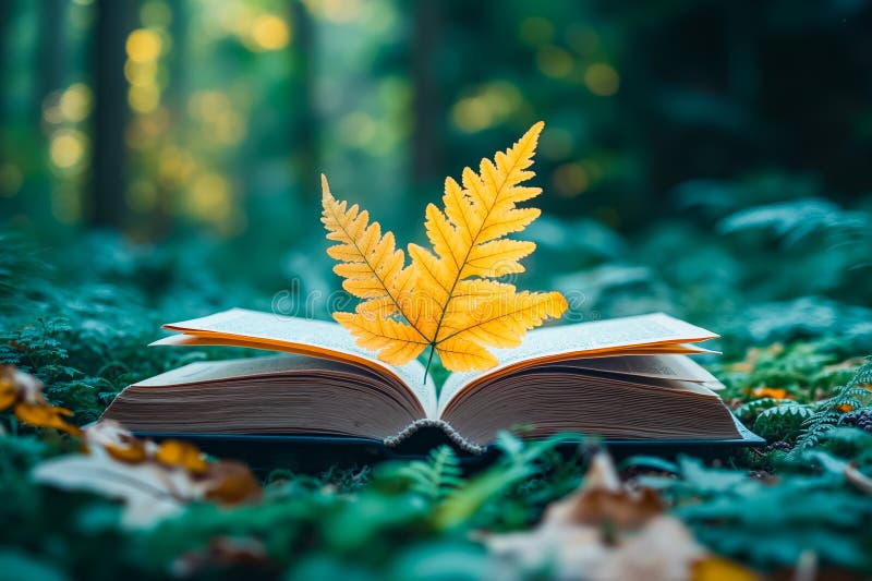 An Open Book with a Leaf on Top of it in the Woods Stock Image - Image ...