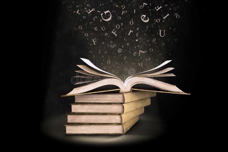 Open Book with Letters Falling into the Pages Stock Illustration ...