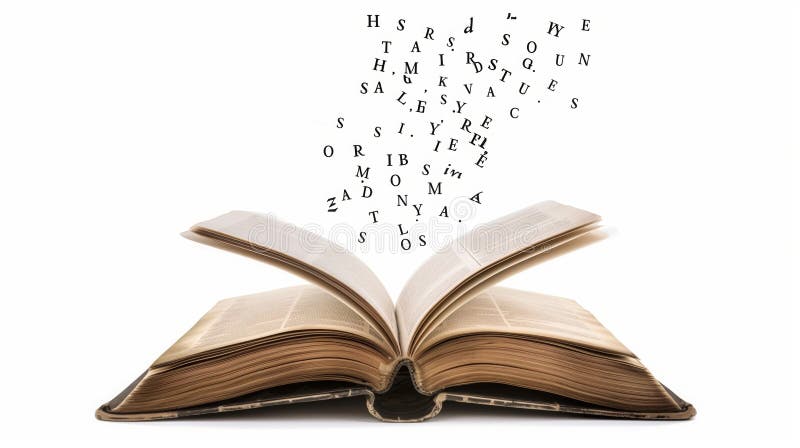 An Open Book with Letters Floating Above it Stock Image - Image of ...