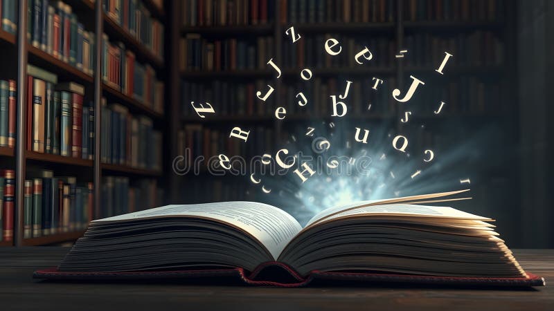 An Open Book with Letters Flying Out of it Stock Illustration ...