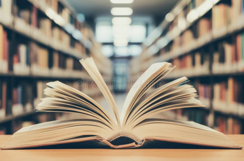 Open Book in Library Aisle with Glowing Rows of Shelves Stock ...