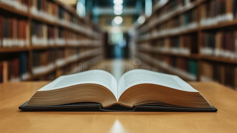 Open Book in Library Aisle with Rows of Shelves and Soft Lighting Stock ...