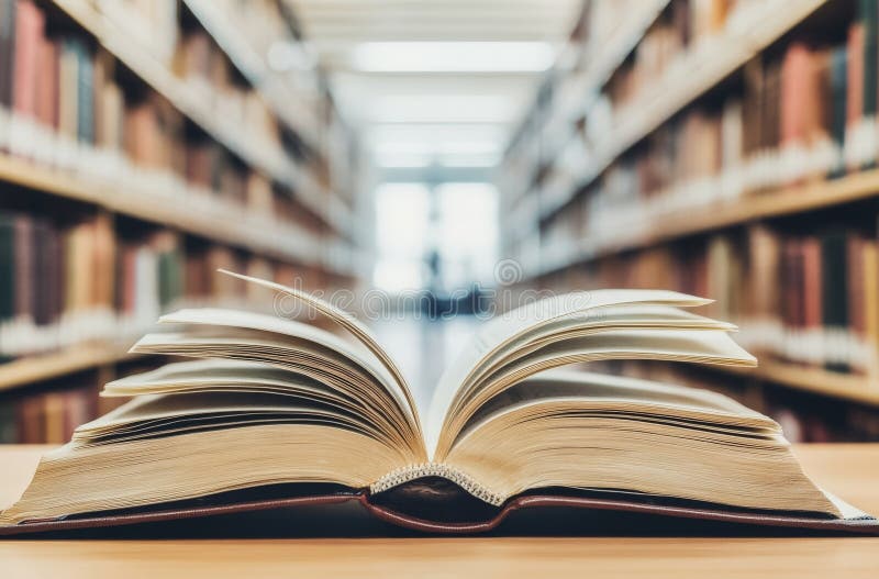 Open Book in Library Aisle with Shelves of Books in Soft Focus Stock ...