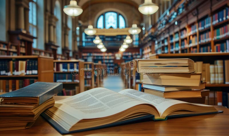 Open Book in the Library with Bookshelf in Background. Selective Focus ...