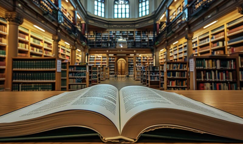 Open Book in the Library with Bookshelf in Background. Selective Focus ...