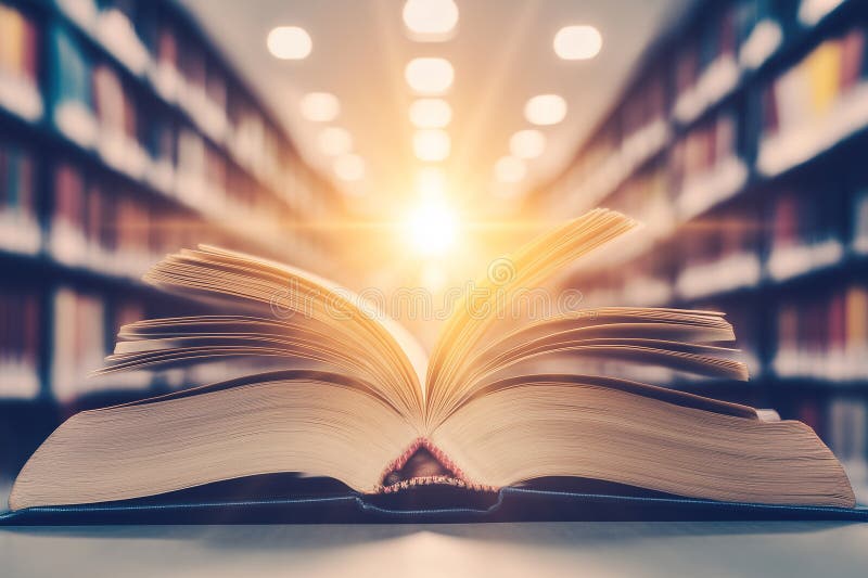 Open Book in Library with Bright Light Creating Warm Atmosphere and ...