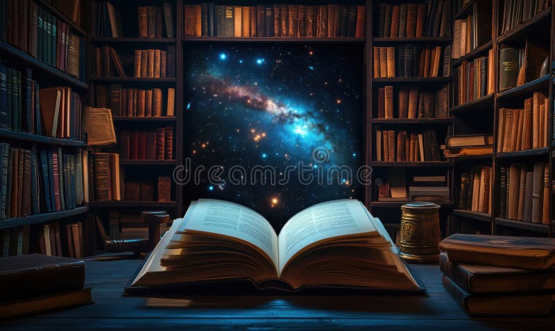 Open Book in Library Revealing Galaxy View through Portal, Blending ...