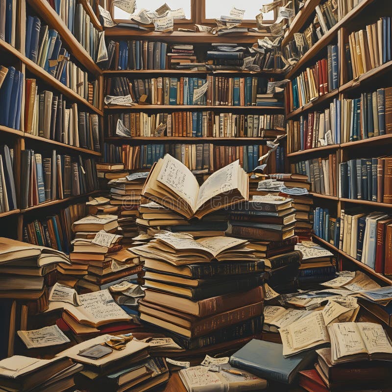 An Open Book in a Library Stacked with Old Textbooks Stock Illustration ...