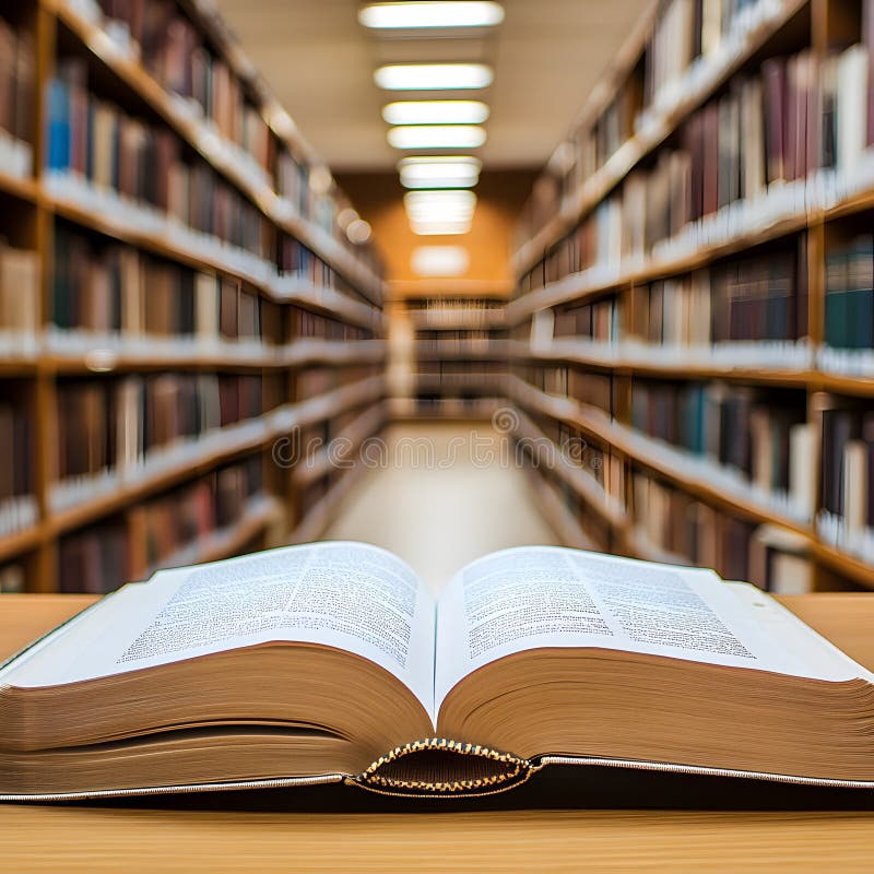 An Open Book in a Library Stacked with Old Textbooks Stock Illustration ...