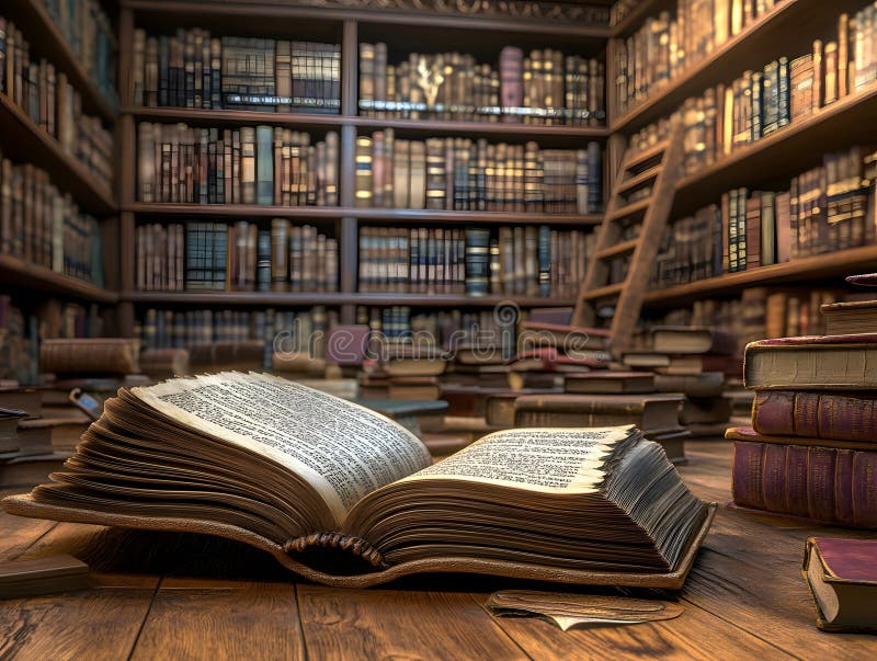 An Open Book in a Library Stacked with Old Textbooks Stock Illustration ...