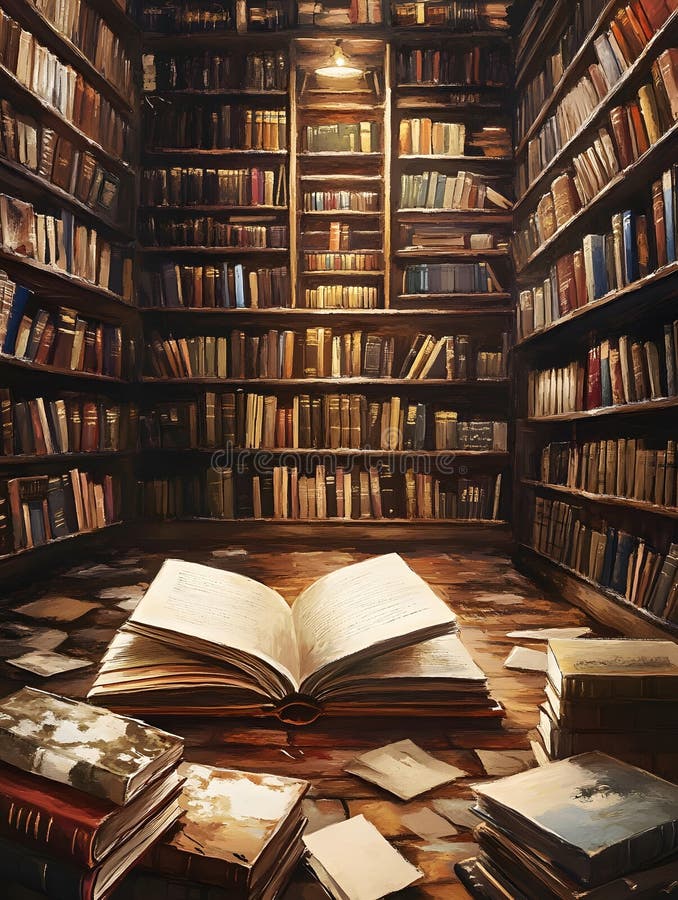 An Open Book in a Library Stacked with Old Textbooks Stock Illustration ...