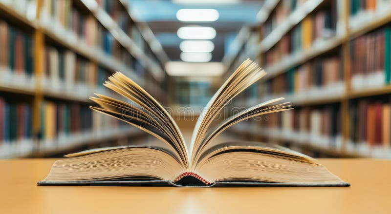 Open Book on Library Table with Blurred Background, Symbolizing ...