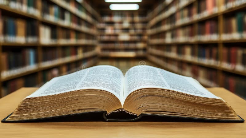 Open Book on a Library Table with Shelves in the Background Stock ...