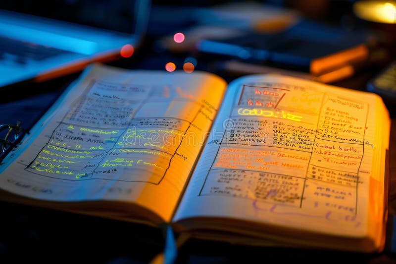 An Open Book Lies Atop a Table, Pages Filled with Highlighted Notes, an ...