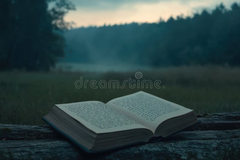 Open Book Lies on a Log in a Misty Forest during Early Evening Light ...