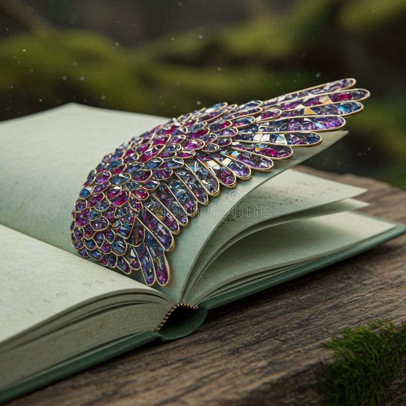 An Open Book Lies on a Wooden Surface, with a Decorative Metallic Wing ...