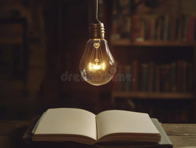 Open book with light bulb stock photo. Image of reading - 388528212
