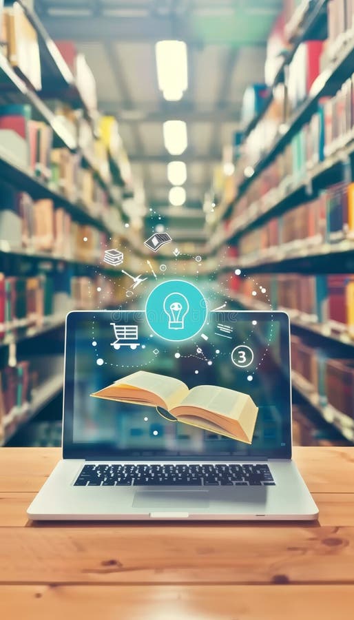 Open Book, Light Bulb Icon, and E-Commerce Icons on Laptop in Library, Online Education Concept ...