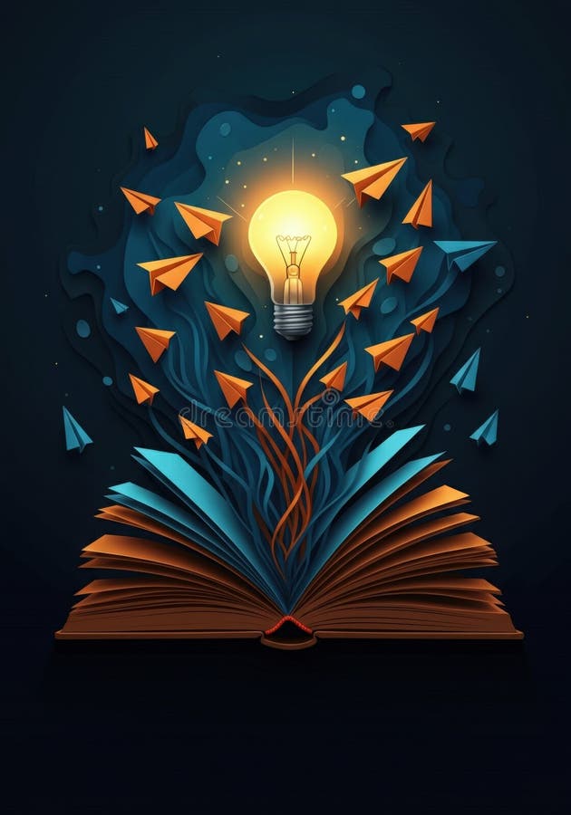 Open Book with Light Bulb and Paper Airplanes, Symbolizing Creativity ...