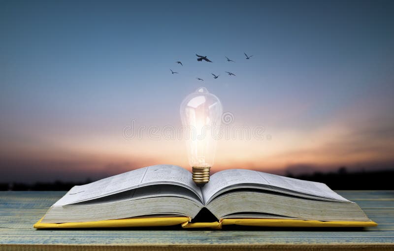 Open Book with Light Bulb on Table and Bird Flying on Sky, Knowledge ...