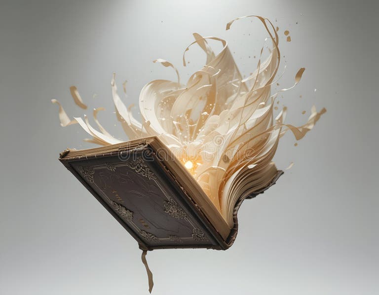 Open Book with Light Exploding and Flying Pages Against Gray Background ...