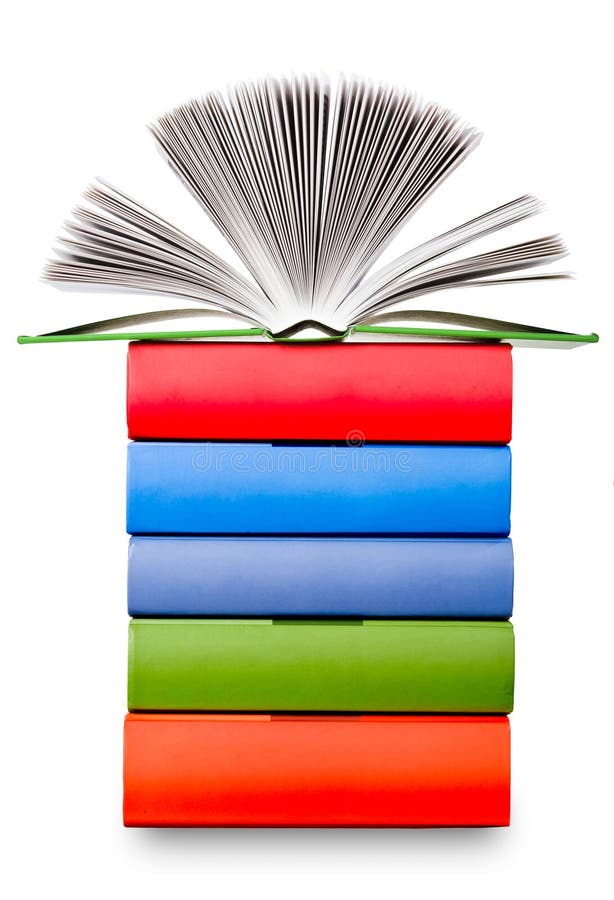 Open Book with Light Page Roll on Stack of Colored Book Stock Photo ...