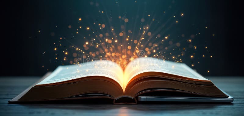 Open Book with Light Sparks Emerging from Pages. Laptop Lies on Table ...