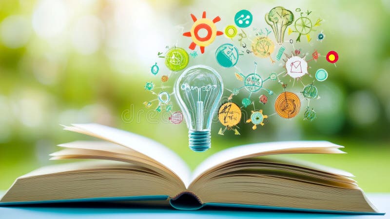 An Open Book with a Lightbulb Hovering Above it Surrounded by Colorful ...