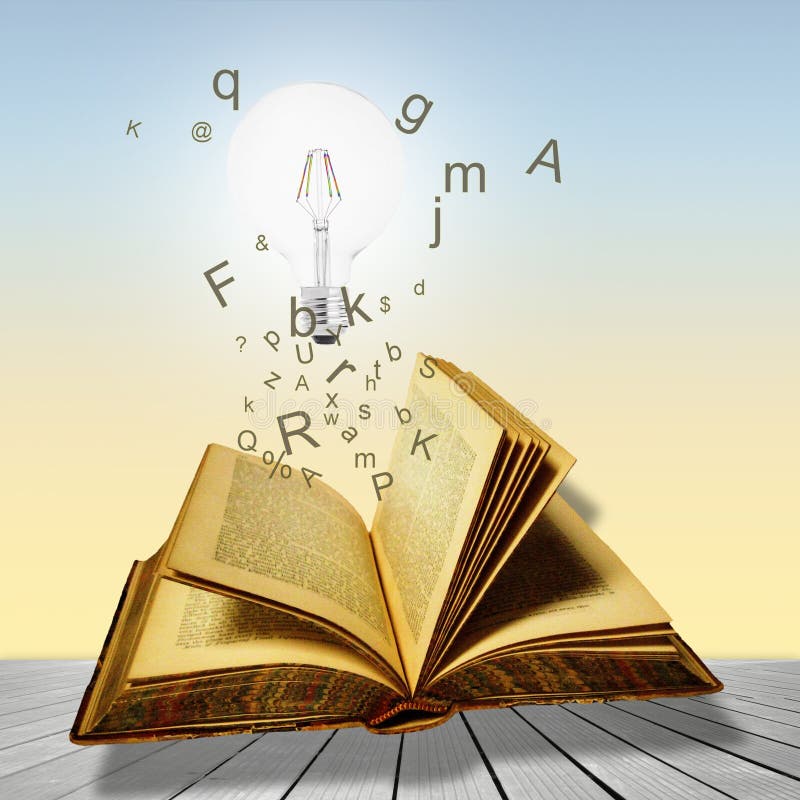 Open Book with Lightbulb and Letters. Concept of Reading. Stock Photo ...