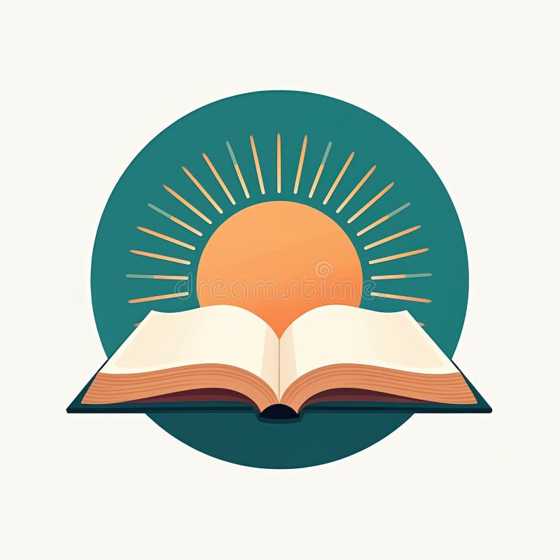 Open Book Logo with Sunburst Design. Bright Sun Shining Behind Open ...