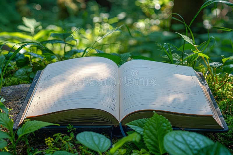 Open Book in a Lush Green Forest Setting with Sunlight Filtering ...