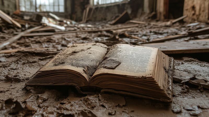 An Open Book Lying on the Floor of a Destroyed Building, Covered with a ...