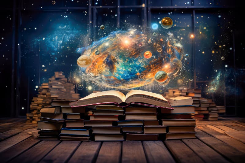 Open Book, Magic Ball and Planets in Space Stock Illustration ...