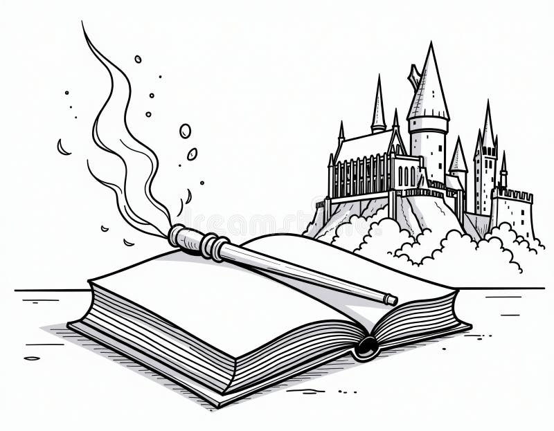 Open Book with Magic Wand and Hogwarts Castle Illustration Stock ...