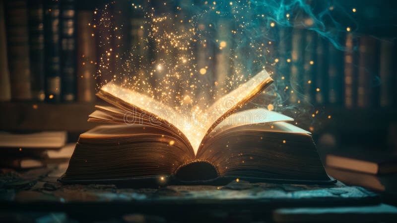 Open Book with Magical Glowing Particles in Library Stock Photo - Image ...
