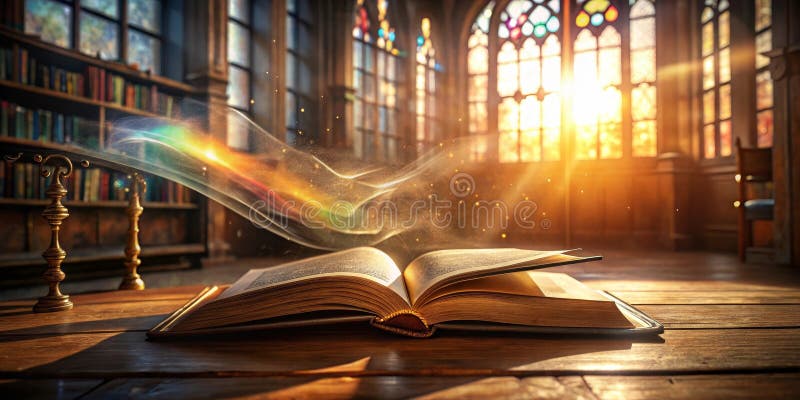 Open Book with Magical Golden Light and Dust Particles in a Library ...