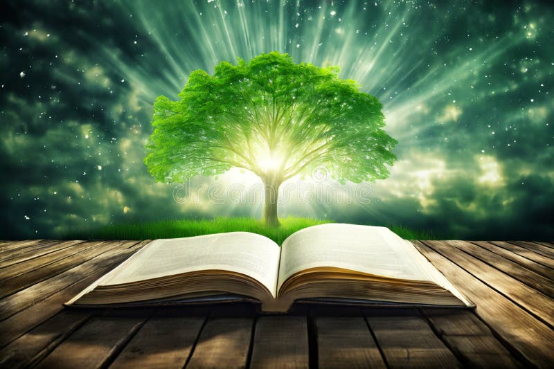 Open Book with Magical Green Tree Stock Photo - Image of book, ecology ...