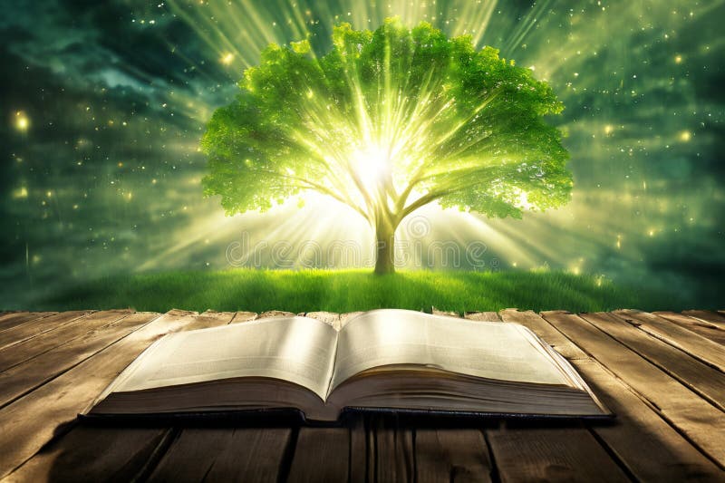 Open Book with Magical Green Tree Stock Photo - Image of imagination ...