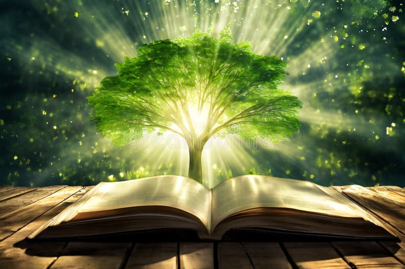 Open Book with Magical Green Tree Stock Image - Image of cover ...