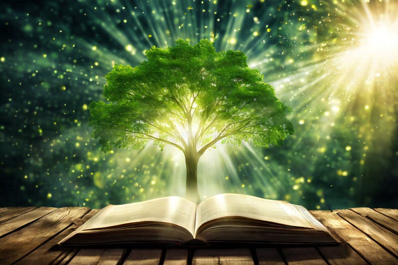 Open Book with Magical Green Tree Stock Photo - Image of magical ...