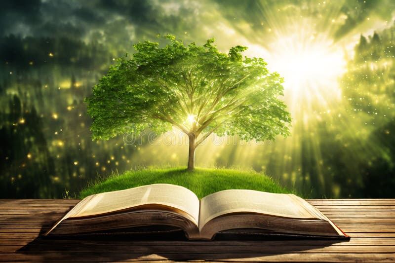 Open Book with Magical Green Tree Stock Image - Image of learning ...