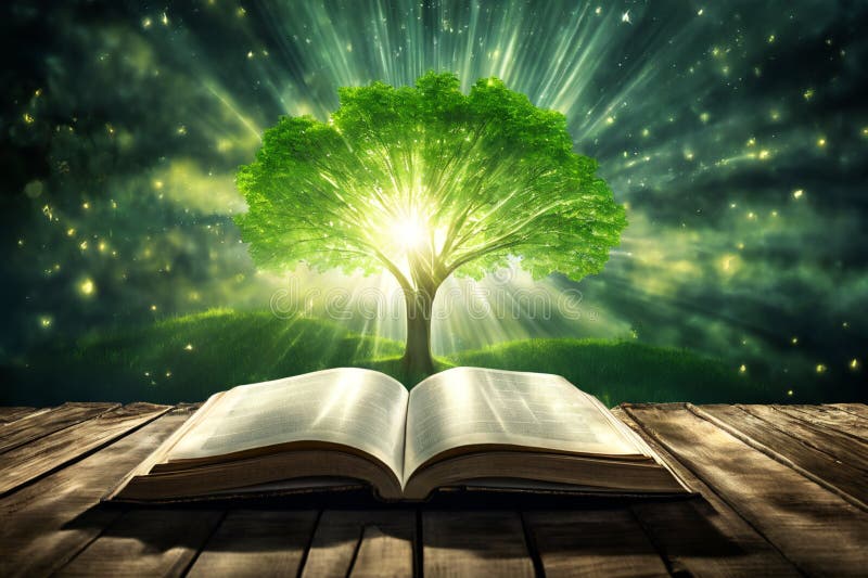Open Book with Magical Green Tree Stock Photo - Image of field, magic ...