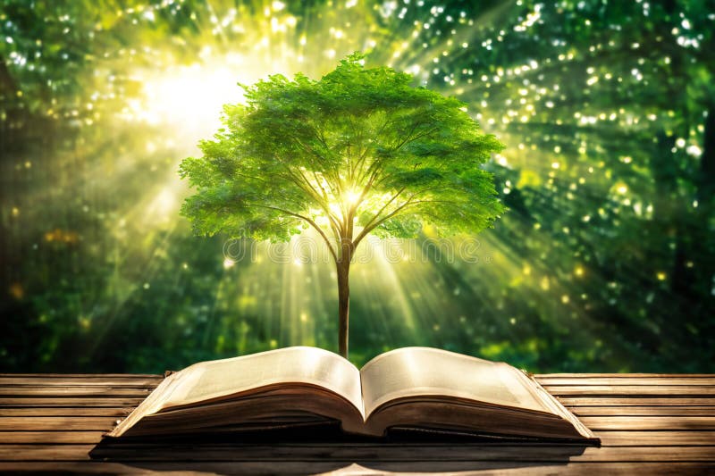 Open Book with Magical Green Tree Stock Photo - Image of deck, fantasy ...