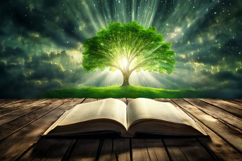 Open Book with Magical Green Tree Stock Illustration - Illustration of ...