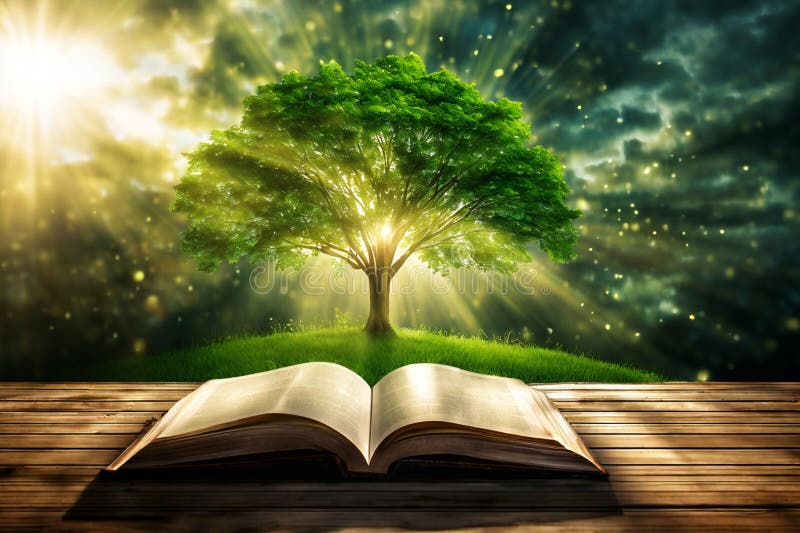 Open Book with Magical Green Tree Stock Illustration - Illustration of ...