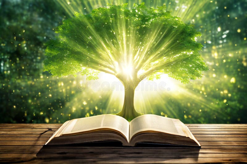Open Book with Magical Green Tree Stock Illustration - Illustration of ...