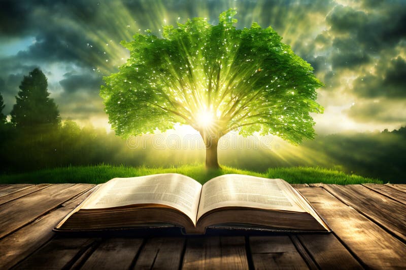 Open Book with Magical Green Tree Stock Illustration - Illustration of ...